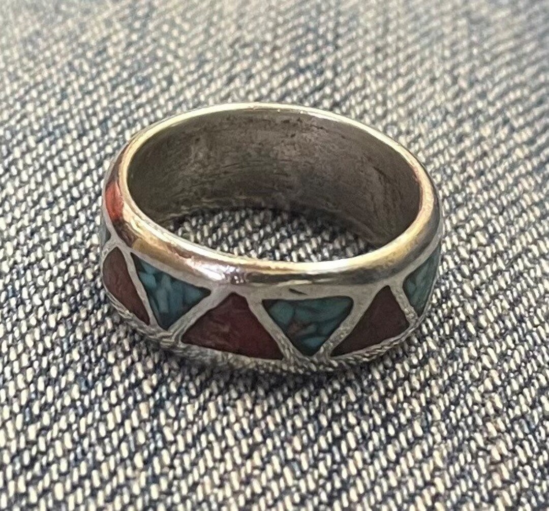 Navajo Crushed Turquoise & Coral Sterling Silver Wedding Band. Size 5 1 ...