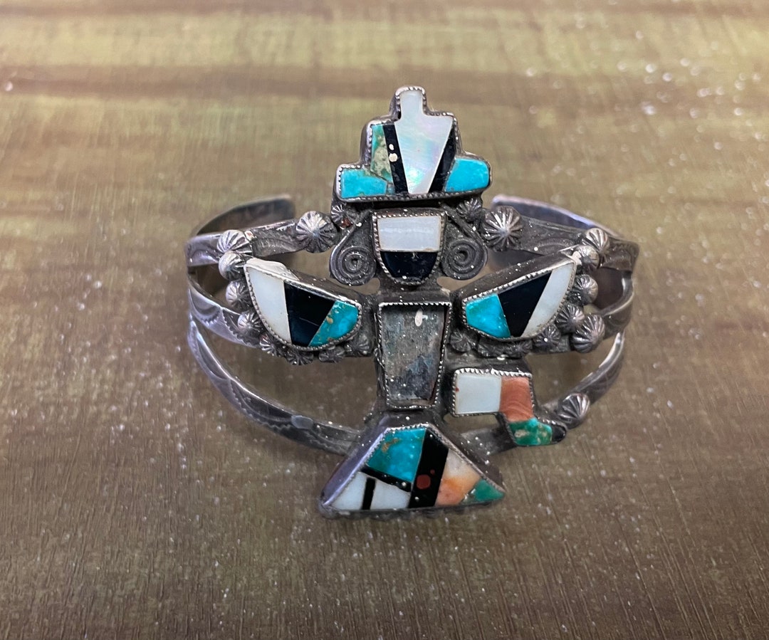 Vintage Zuni Native American Turquoise Inlay Knifewing Cuff Bracelet ...