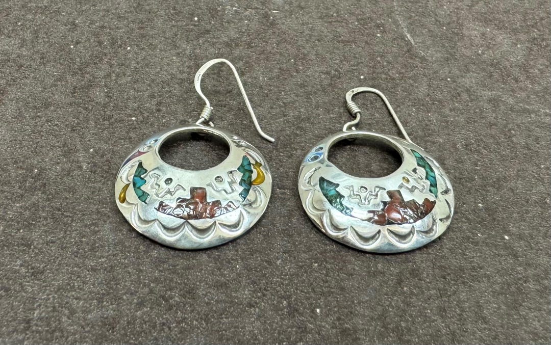 Navajo L Burnside LB Sterling Silver Crushed Turquoise & Coral Dangle ...