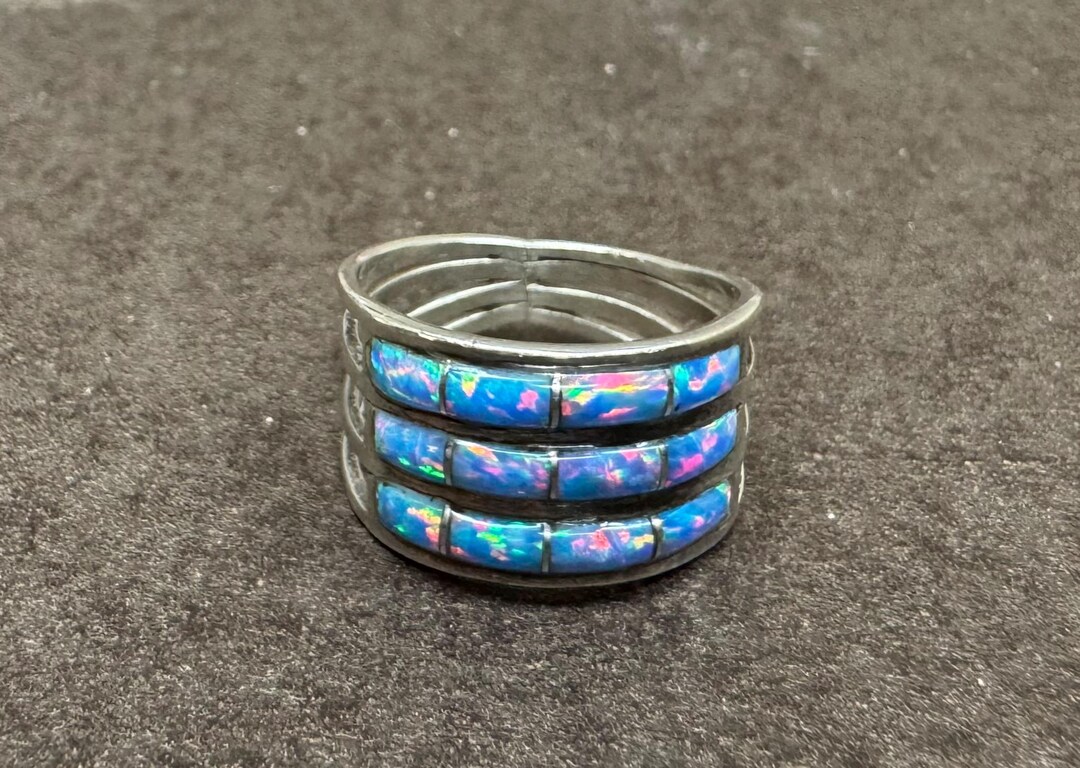 Vintage Three Row Opal Inlay Native American Ring Signed LMN Sterling ...