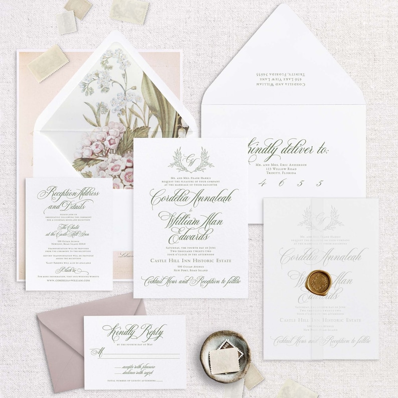 Botanical Wedding Invitation, Vintage Floral Wedding Invitation, Green ...
