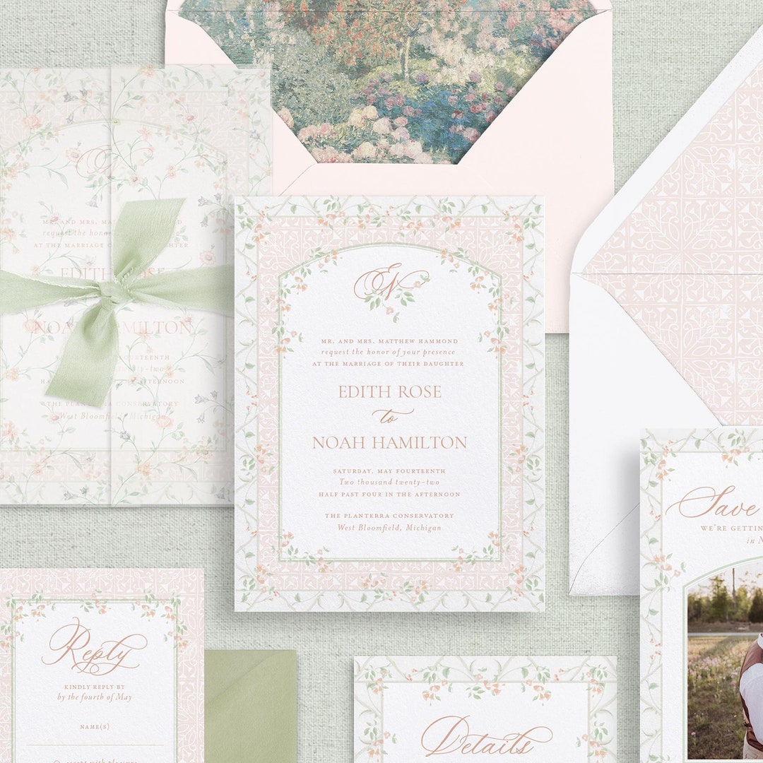 Edith | Romantic Garden Wedding Invitation, Elegant Floral Wedding ...