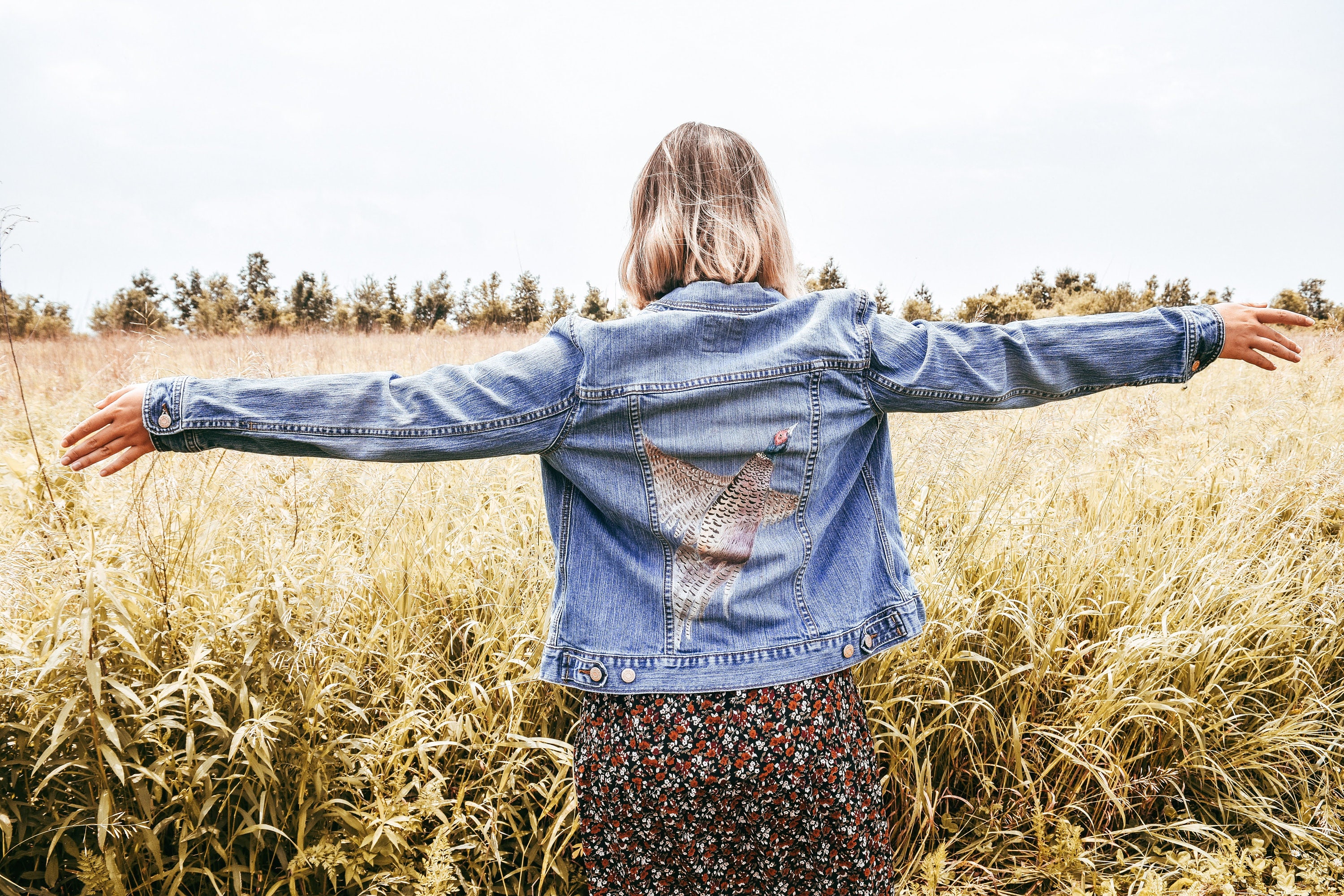 Painted Denim Jacket - Pheasant - Etsy
