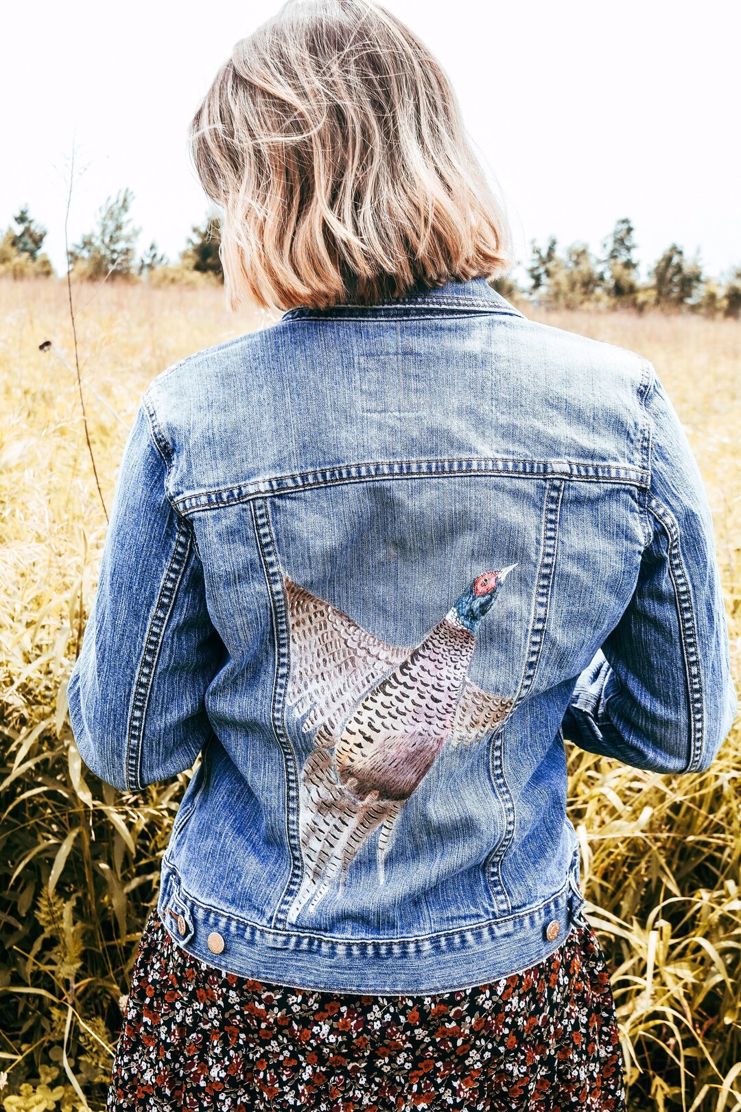 Painted Denim Jacket - Pheasant - Etsy