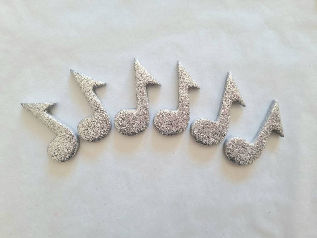 12 Silver Glittery Music Notes Edible Sugar Cake Decorations / Toppers ...