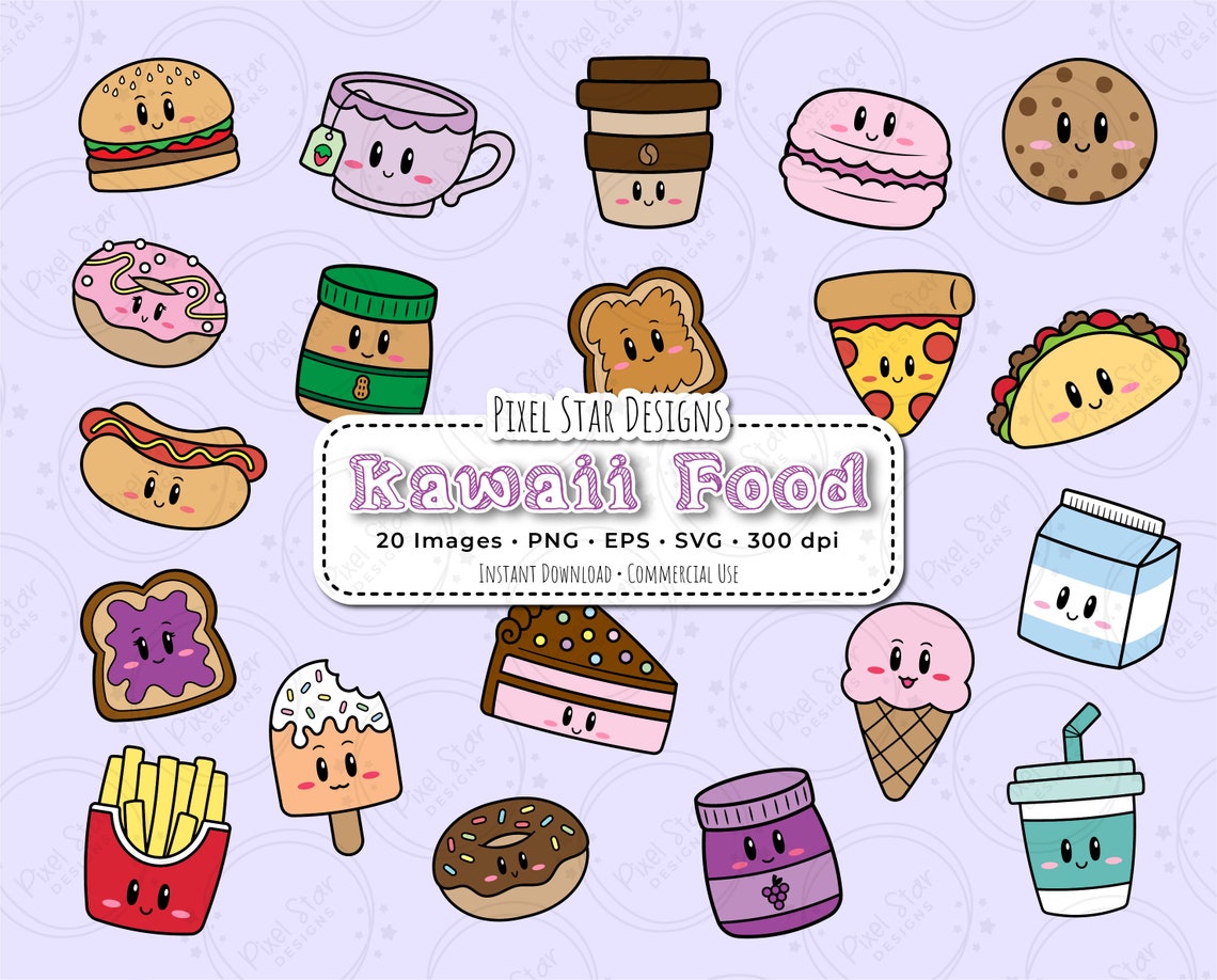 Cute Food Clipart Set, Kawaii Food & Dessert Vector Graphics ...