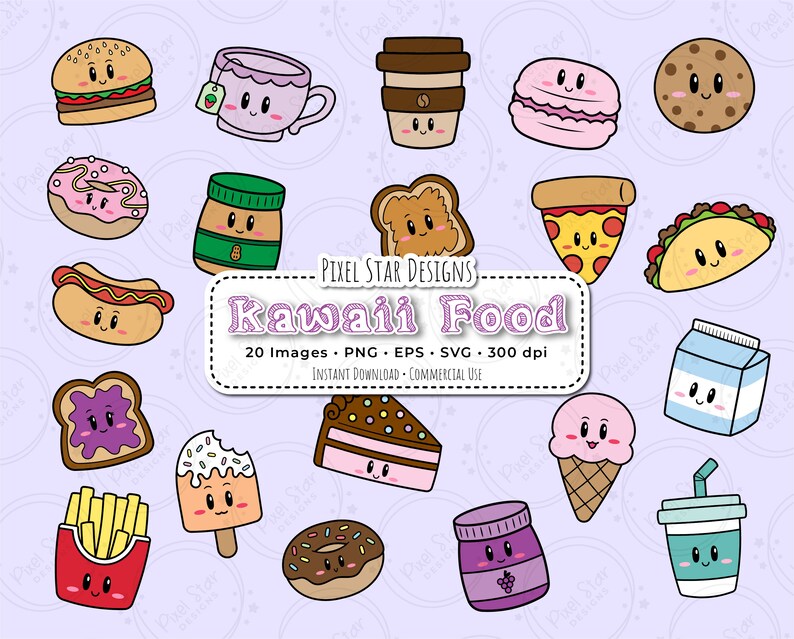 Cute Food Clipart Set, Kawaii Food & Dessert Vector Graphics ...