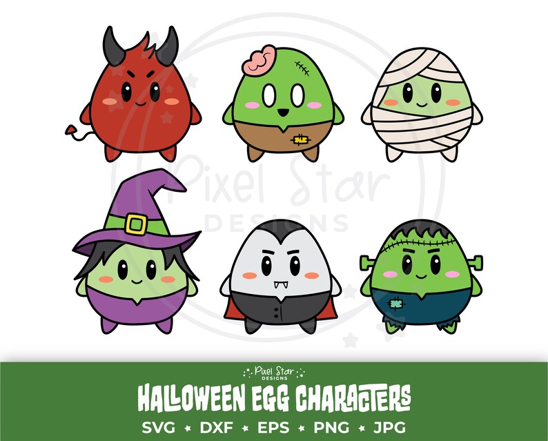 Kawaii Halloween Egg Characters Clipart Set Devil, Zombie, Mummy, Witch ...