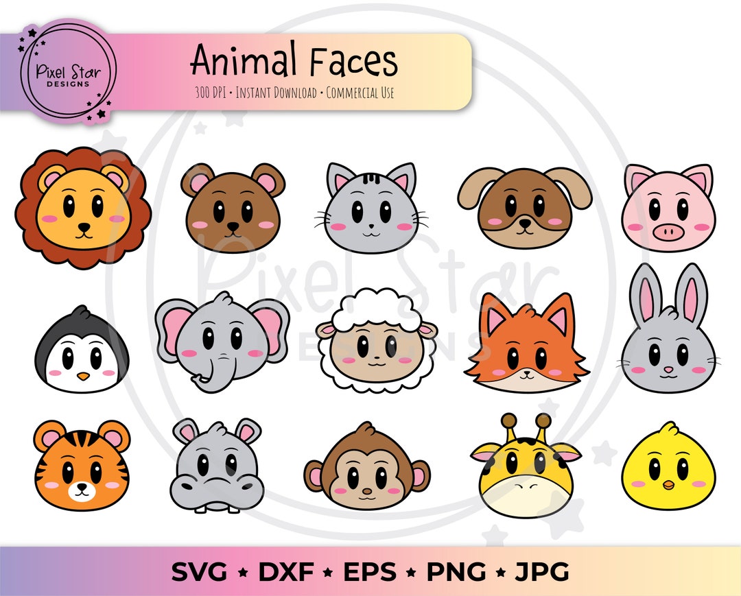 Animal Faces Clipart Set Cute Animal Wildlife Graphics for DIY Projects ...