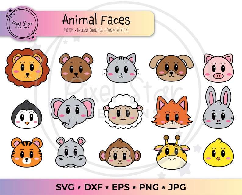 Animal Faces Clipart Set Cute Animal Wildlife Graphics for DIY Projects ...
