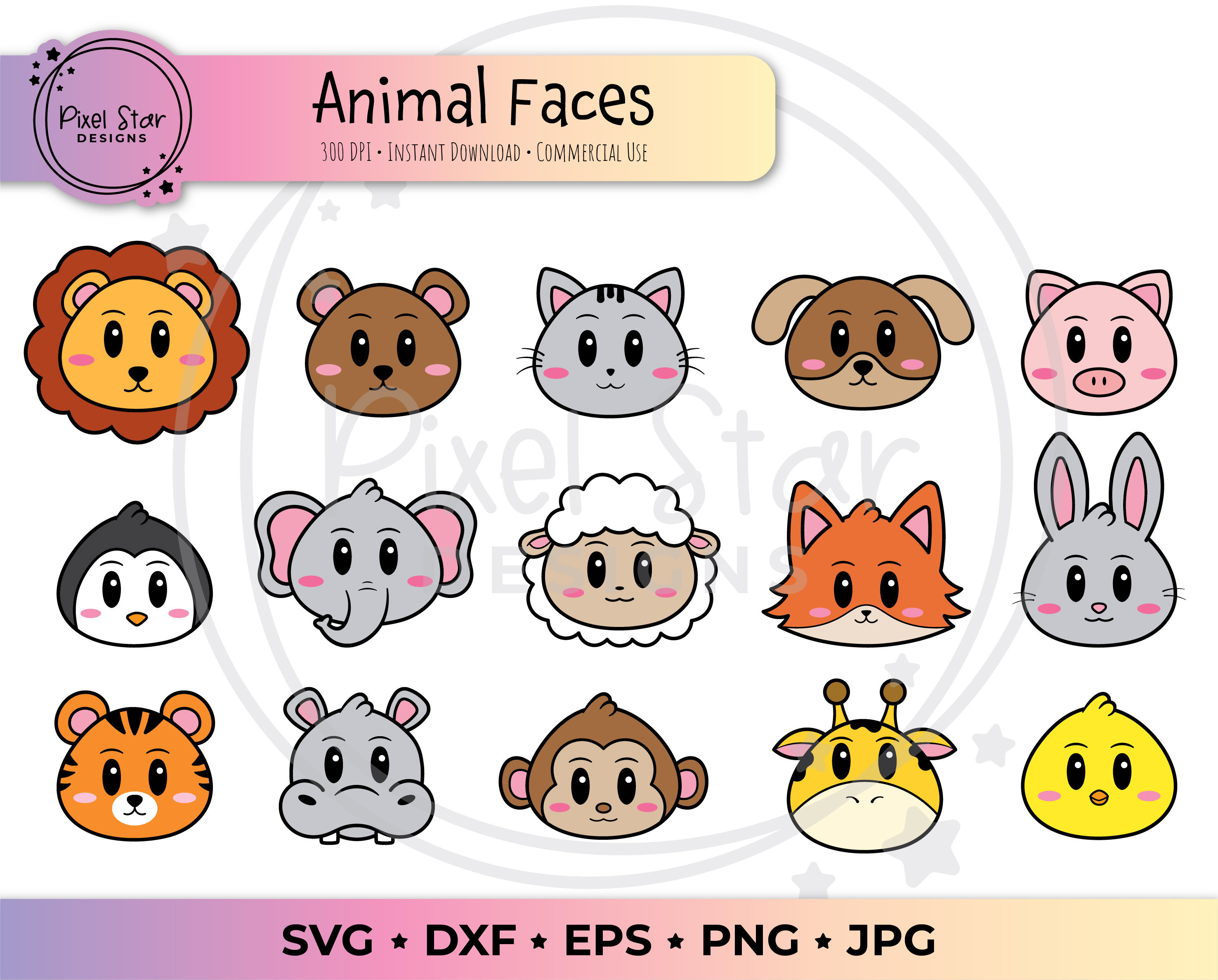 Animal Faces Clipart Set Cute Animal Wildlife Graphics for DIY Projects ...