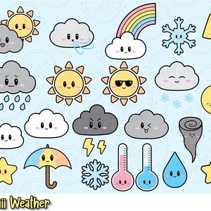 Cute Weather Clipart Set, Kawaii Sun, Clouds, Rain, Storm Vector ...