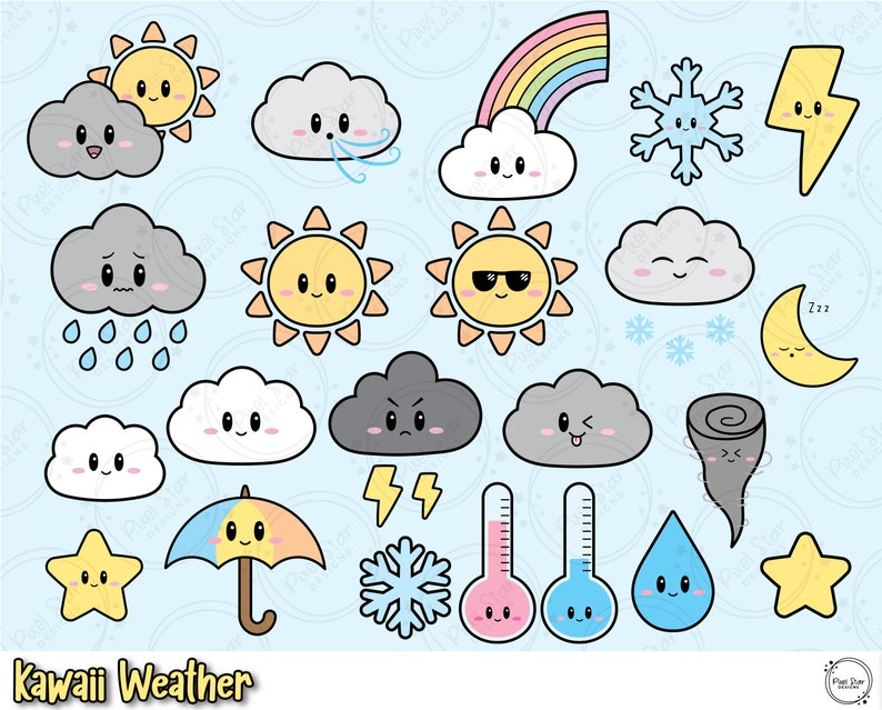 Cute Weather Clipart Set Kawaii Sun Clouds Rain Storm - Etsy