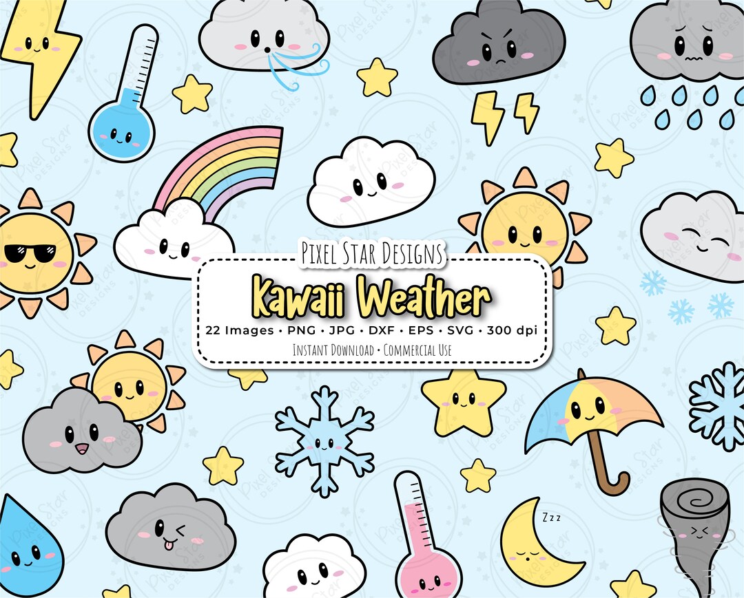 Cute Weather Clipart Set, Kawaii Sun, Clouds, Rain, Storm Vector ...