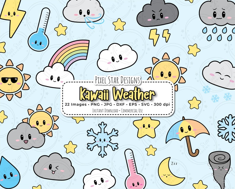Cute Weather Clipart Set Kawaii Sun Clouds Rain Storm - Etsy