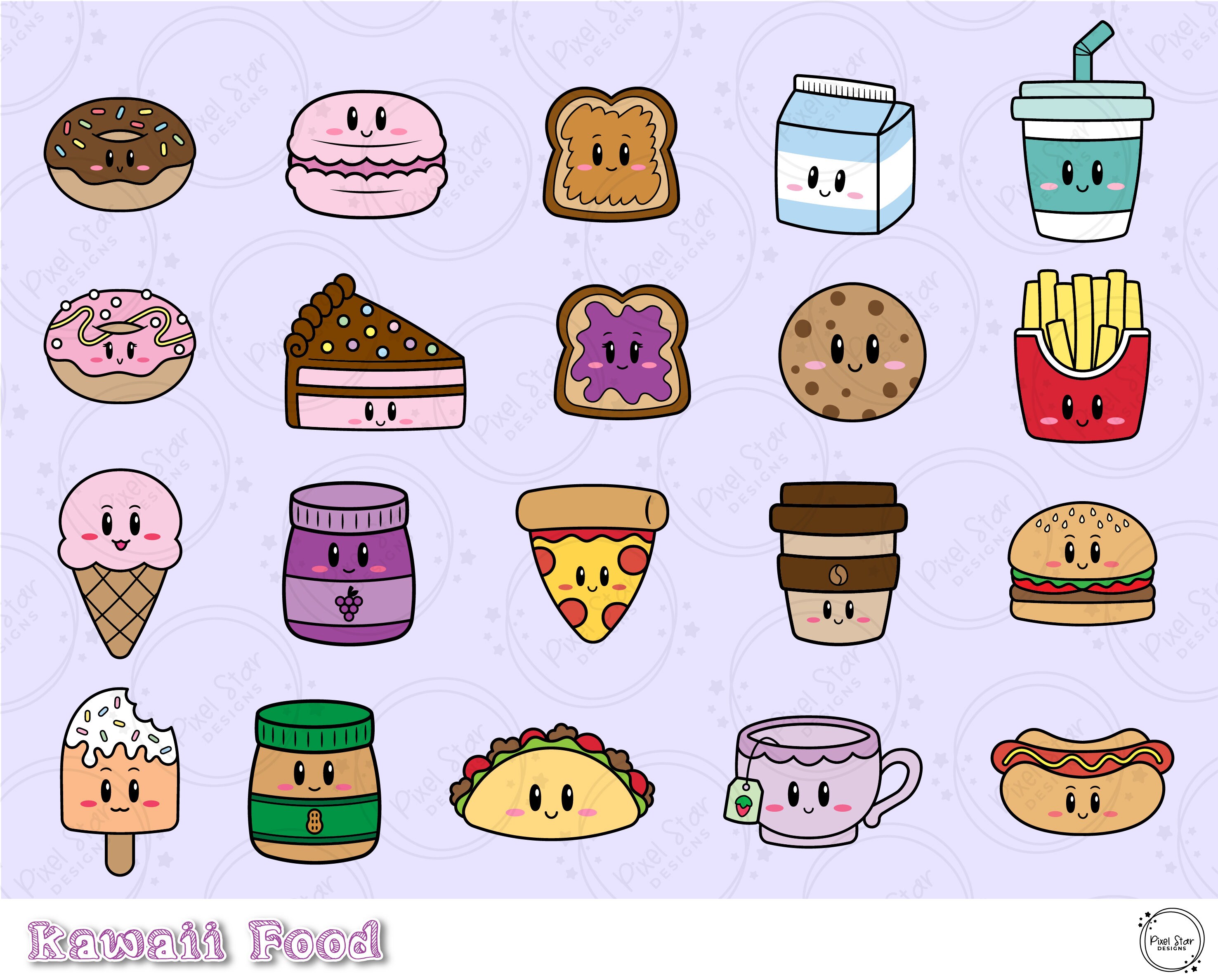 Cute Food Clipart Set, Kawaii Food & Dessert Vector Graphics ...