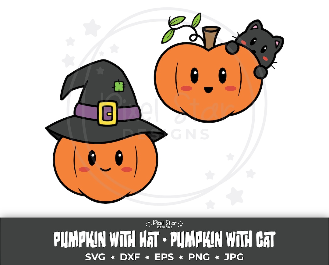 Cute Kawaii Pumpkin Halloween Clipart Set With Witch Hat and Cat Svg ...