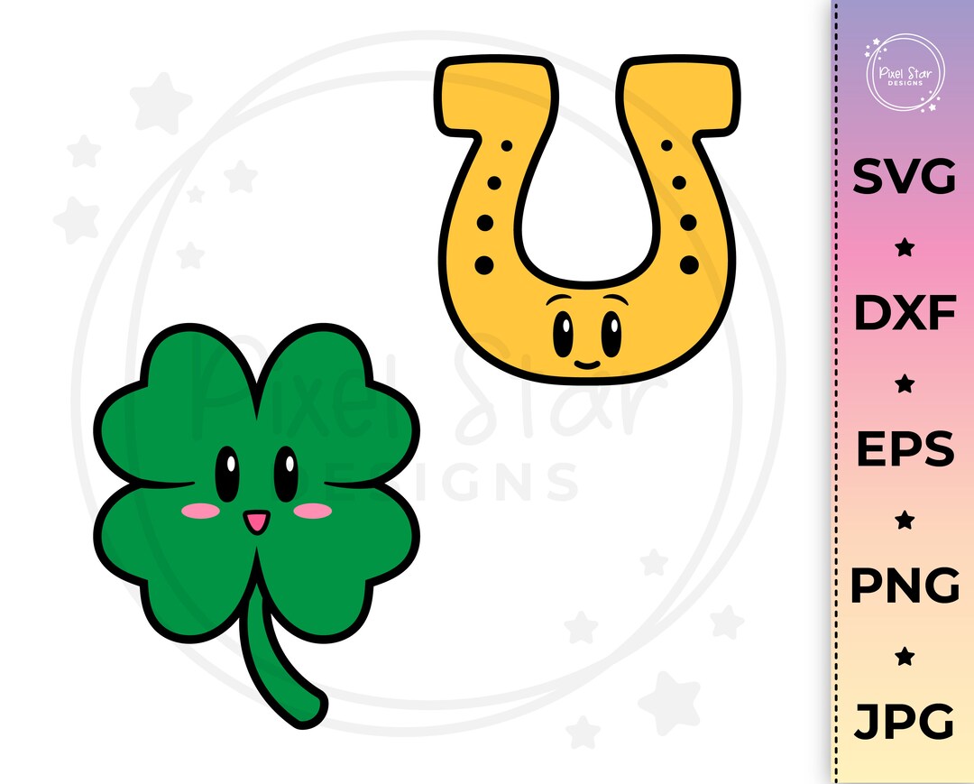 Kawaii Clover & Horse Shoe SVG, St. Patrick's Day Vector Graphics ...