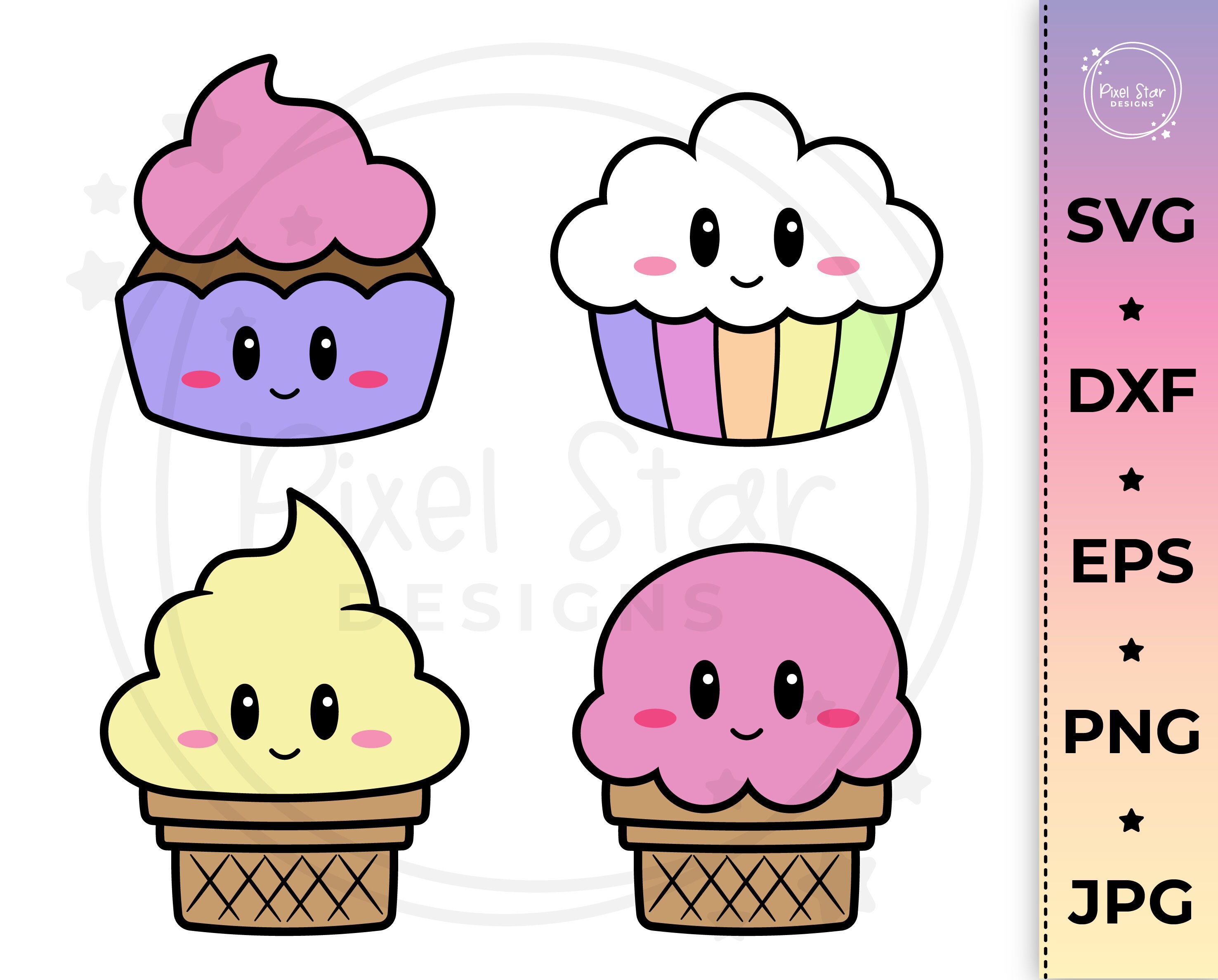 Kawaii Cupcake & Ice Cream Cones SVG, Cute Sweets Vector Graphics ...
