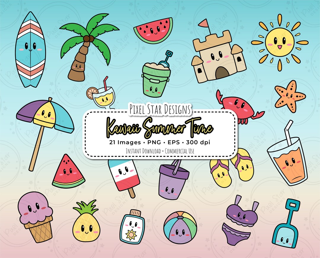 Summer Time Clipart, Kawaii Beach PNG & Vector Graphics, Commercial Use ...