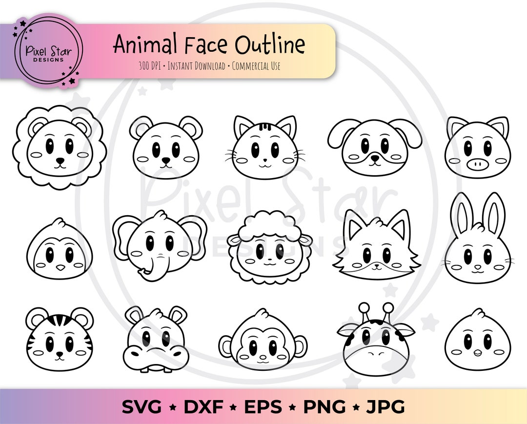 Animal Face Outline Clipart Set Cute Animal Wildlife Graphics for DIY ...