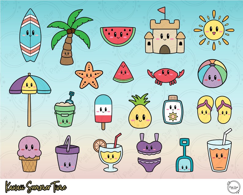 Summer Time Clipart Kawaii Beach PNG & Vector Graphics - Etsy