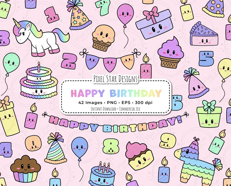 Kawaii Happy Birthday Clipart, Birthday Party PNG & Vector Graphics ...