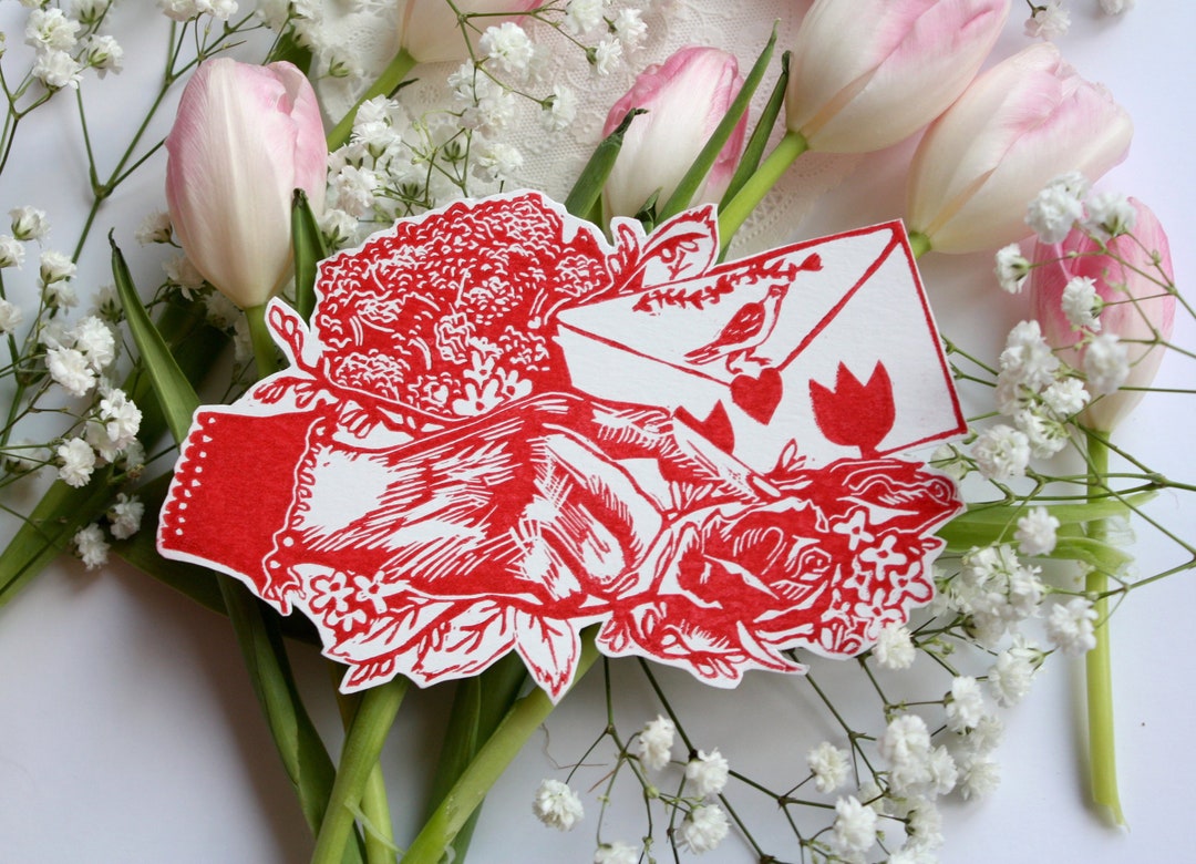 Victorian Valentine | Linocut Print Valentine | Handmade Vintage Style ...