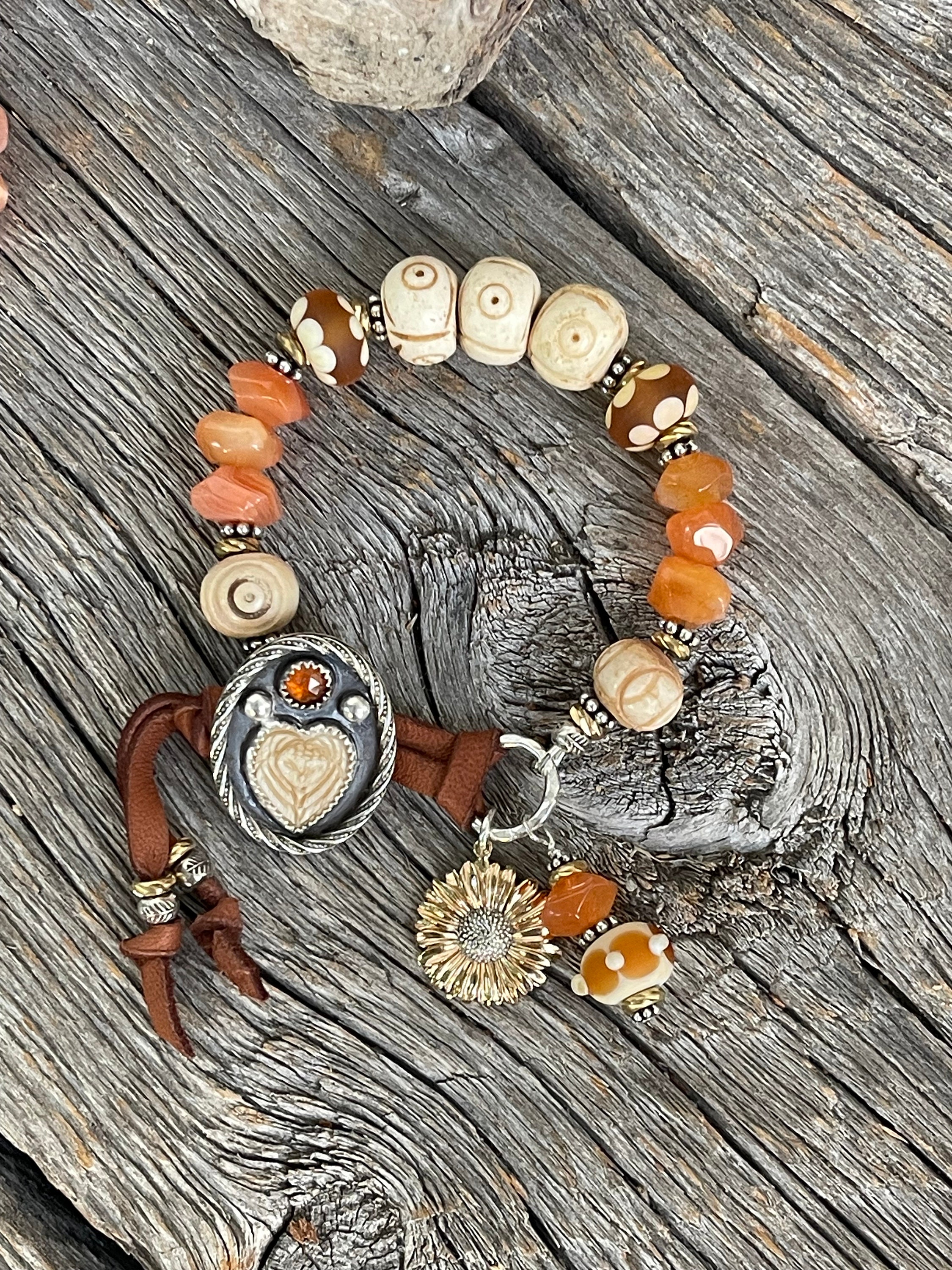 Carved Bone Bracelet, Carved Bone Owl Heart Bracelet, Carnelian Nugget ...