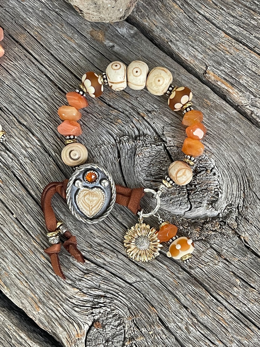 Carved Bone Bracelet, Carved Bone Owl Heart Bracelet, Carnelian Nugget ...
