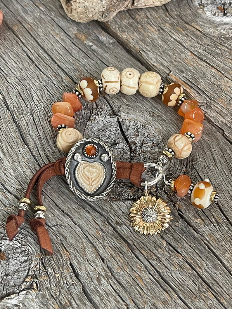 Carved Bone Bracelet, Carved Bone Owl Heart Bracelet, Carnelian Nugget ...