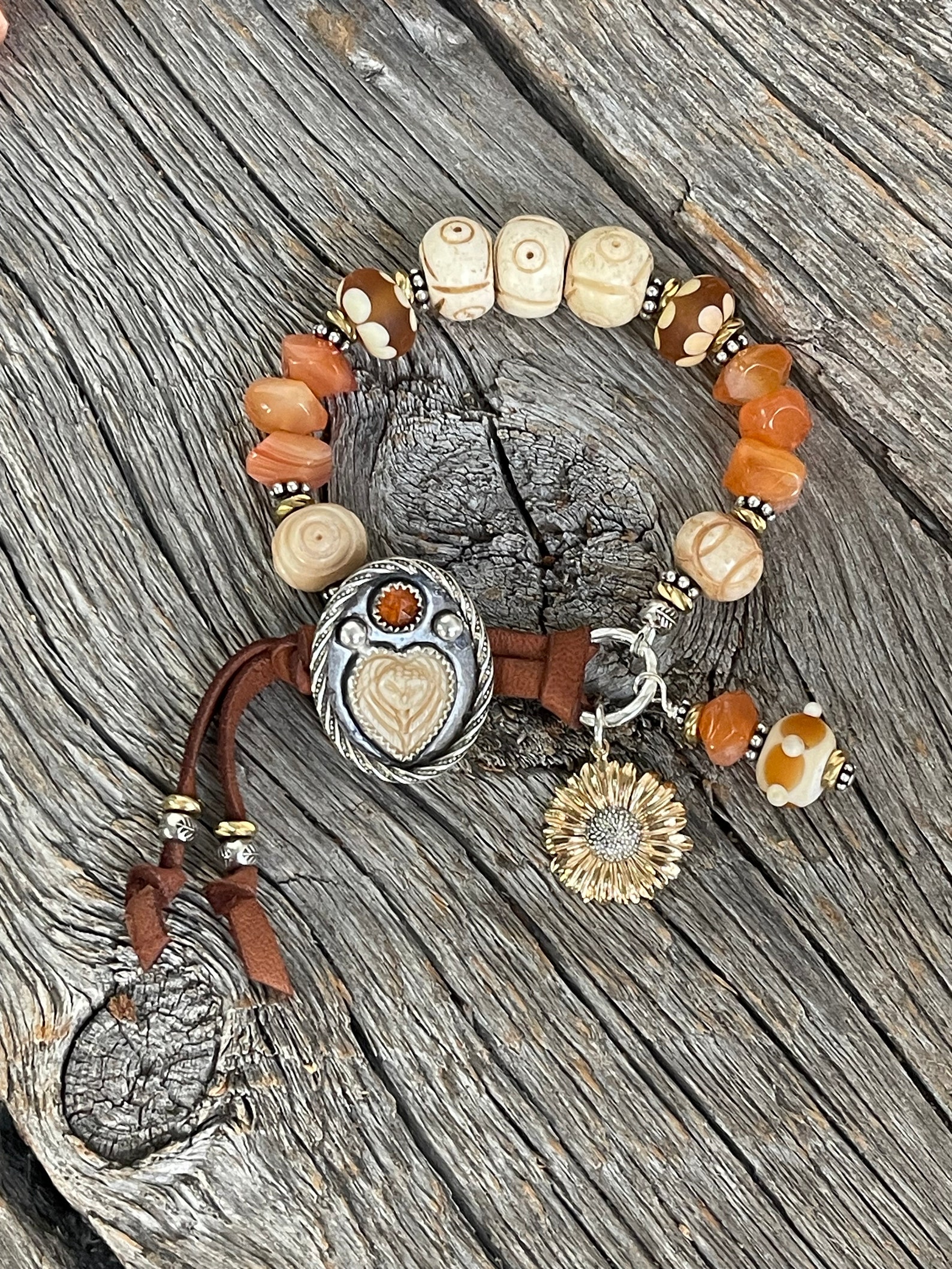 Carved Bone Bracelet, Carved Bone Owl Heart Bracelet, Carnelian Nugget ...