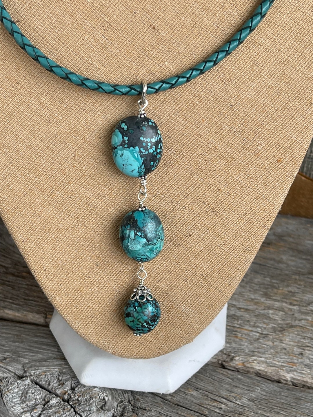Boho Blue Turquoise Lariat Necklace, Braided Turquoise Blue Leather ...