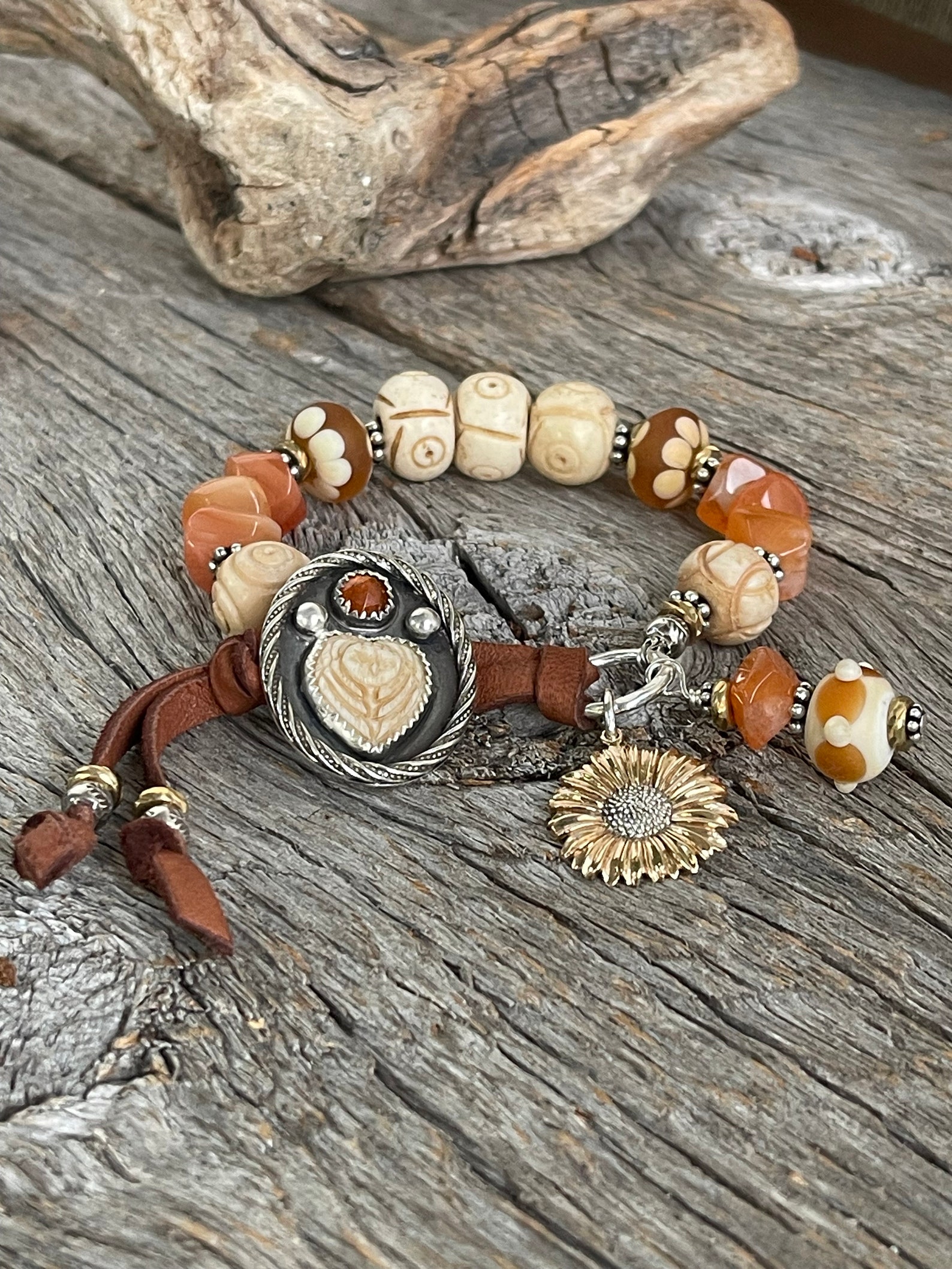 Carved Bone Bracelet, Carved Bone Owl Heart Bracelet, Carnelian Nugget ...