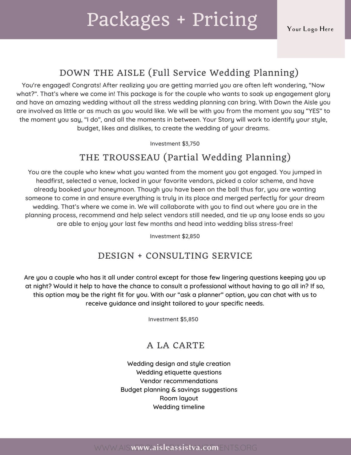 Wedding Planner Packages & Pricing TEMPLATE | Etsy