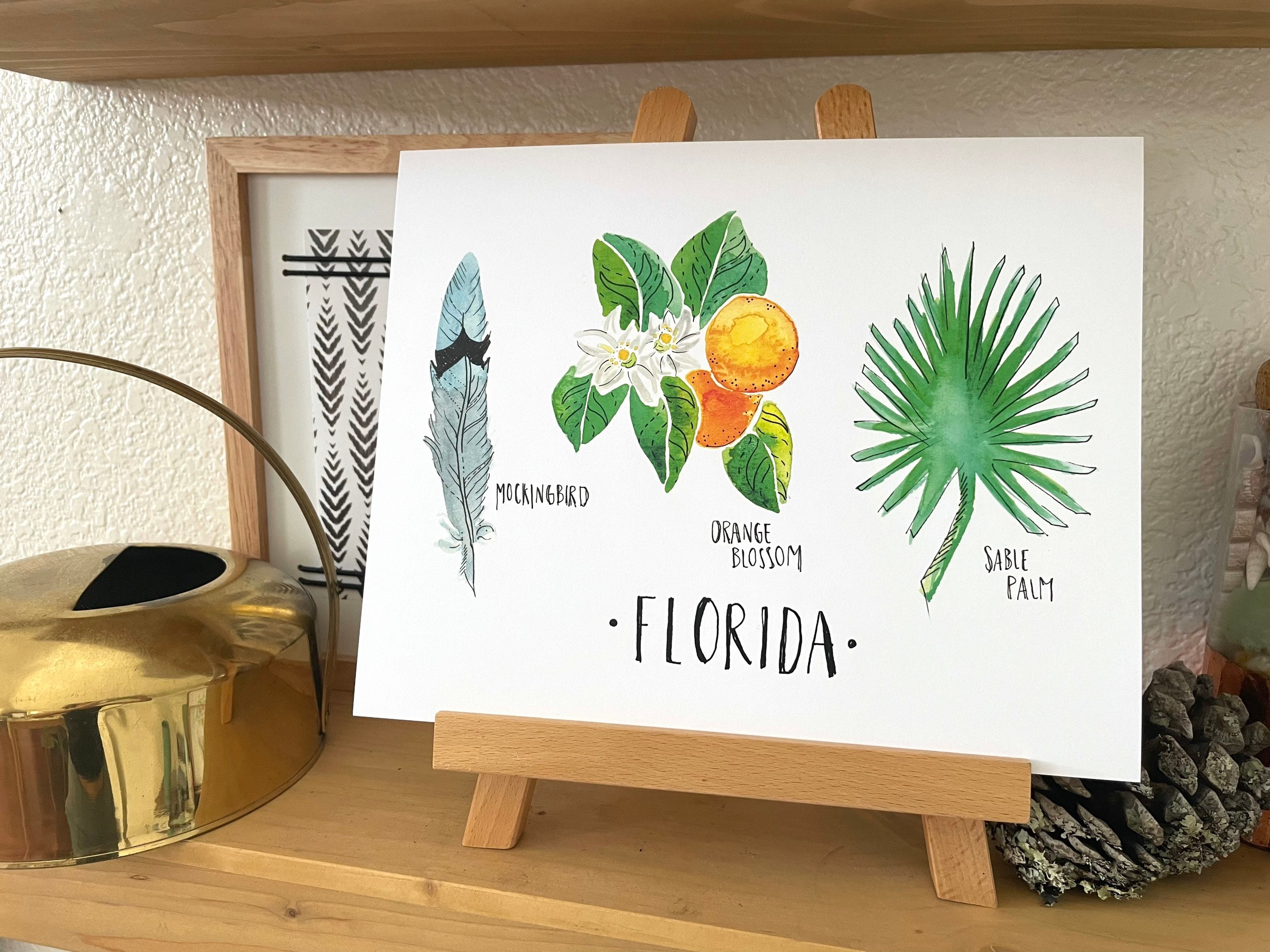 Florida State Tree, Flower, Bird Art Print Botanical Watercolor Florida ...