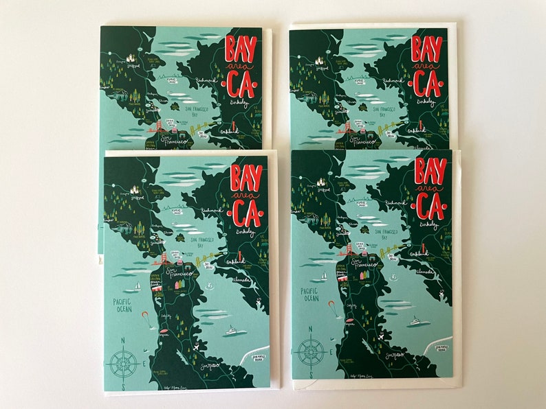 San Francisco Cards Bay Area Map Illustrated Map 4 Blank Cards - Etsy