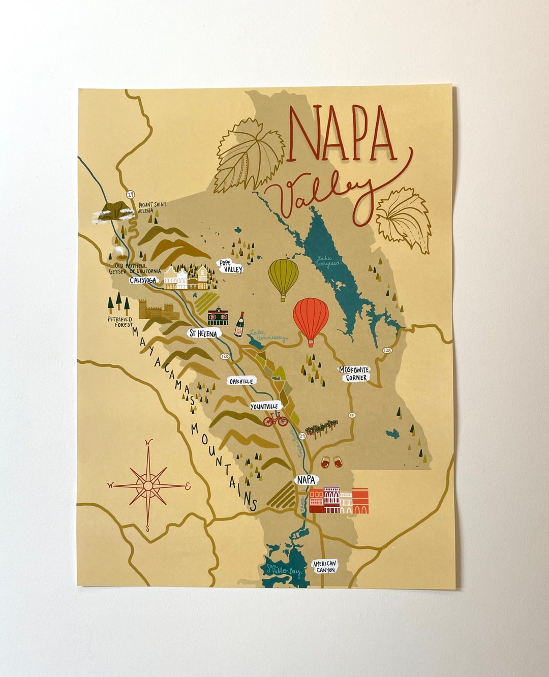 Napa Map Poster Napa County Napa Valley 12x16 Wine Country California ...