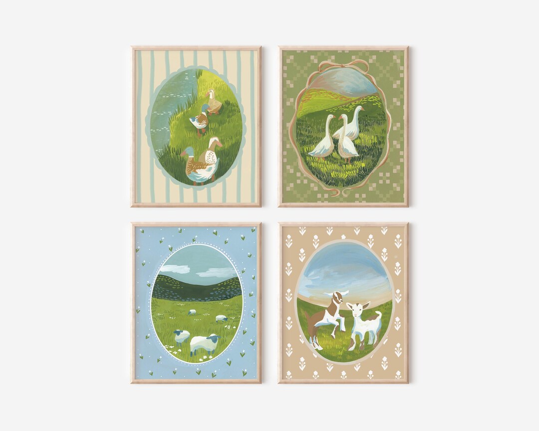 Cottage Core Gallery Wall Set of 4 Animal Prints Baby Girl Nursery Kids ...