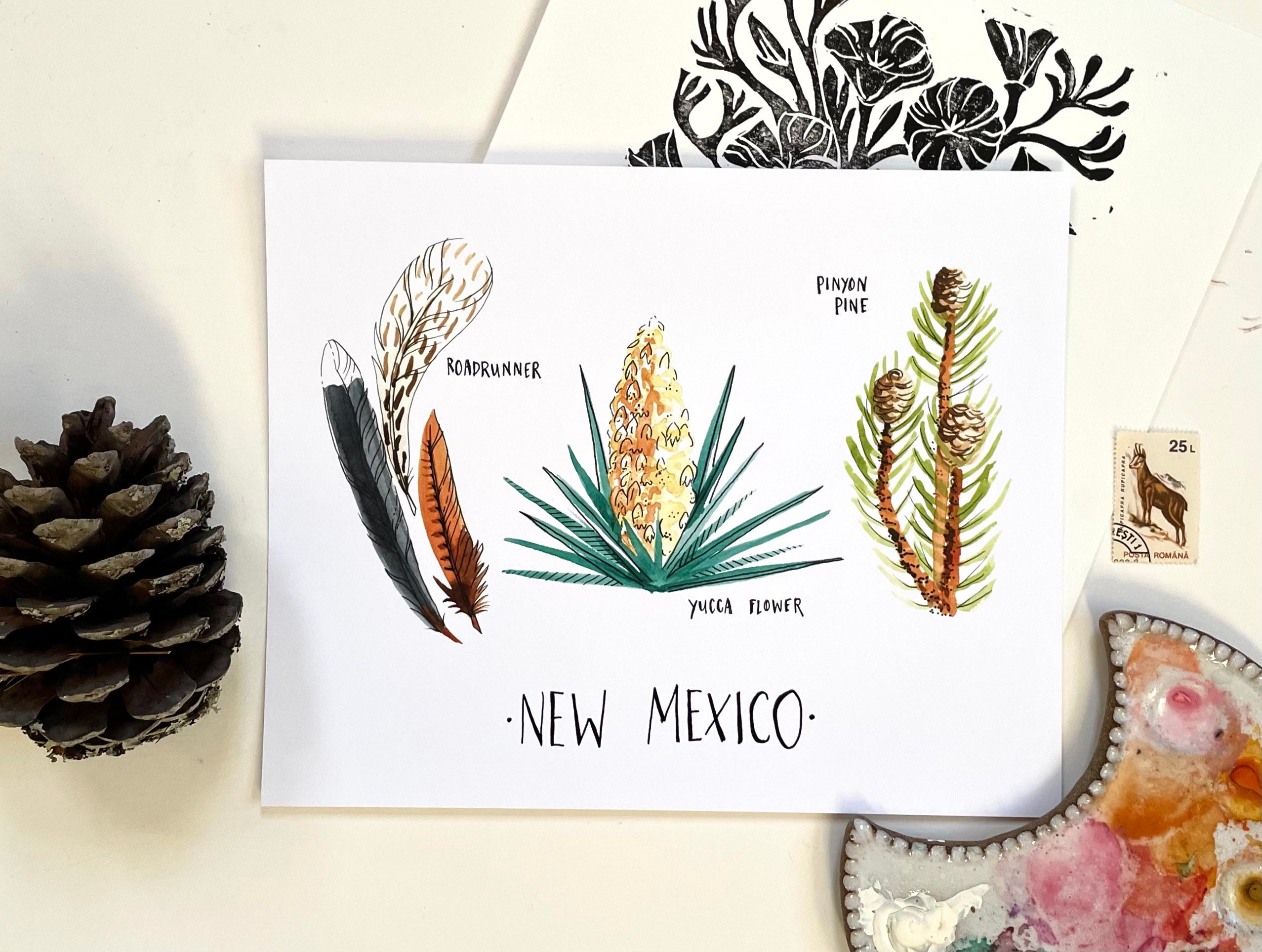 New Mexico State Flower Art Print 8x10 State Print Yucca Flower Pinyon ...