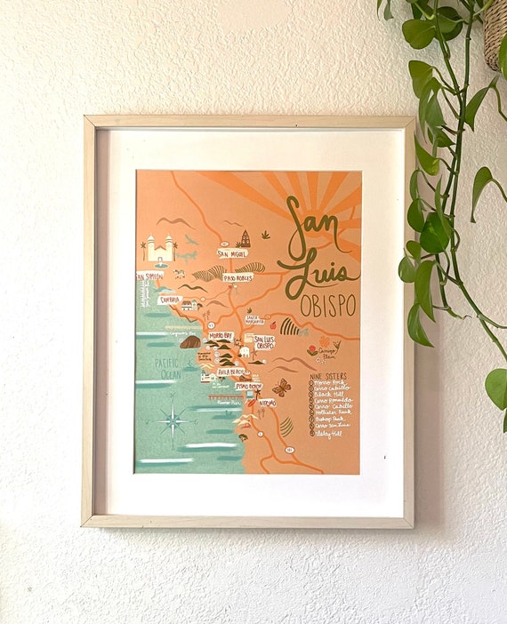 San Luis Obispo Map Illustrated County Map of SLO Morroy Rock | Etsy