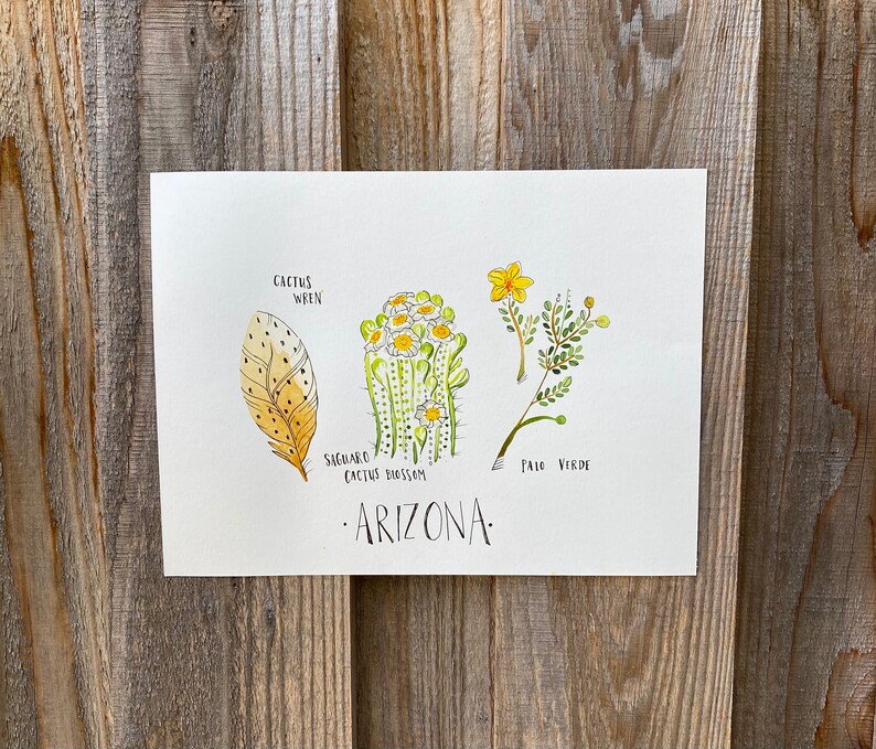 Arizona State Bird State Flower State Tree Art Print 8x10 Watercolor ...