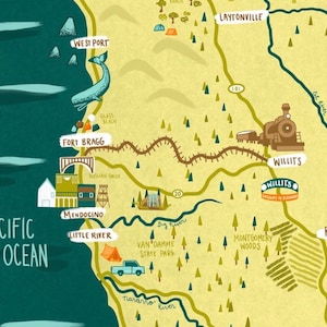 Mendocino Map Poster Mendocino Illustrated Print Ukiah Willits ...