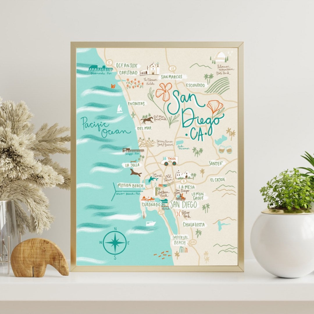 San Diego Illustrated Map Poster | 12x16 Inches | San Diego La Jolla ...