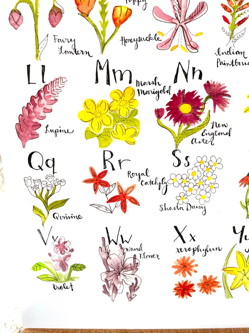 Wildflower Print Alphabet A-Z Poster Botanical Watercolor Nature Art ...