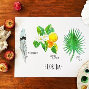 Florida State Tree, Flower, Bird Art Print Botanical Watercolor Florida ...