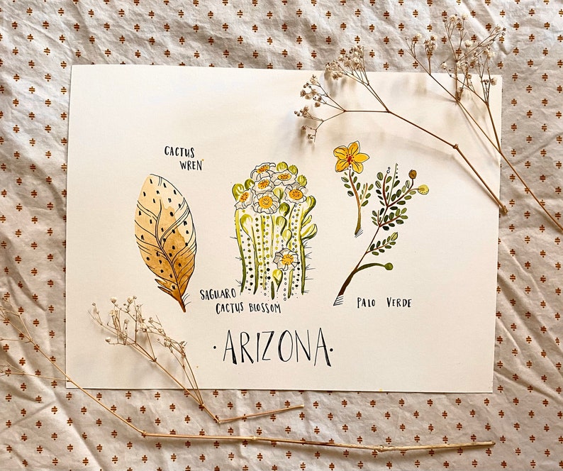Arizona State Bird State Flower State Tree Art Print 8x10 Watercolor ...