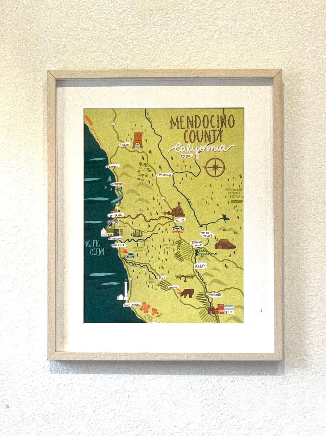 Mendocino Map Poster Mendocino Illustrated Print Ukiah Willits ...