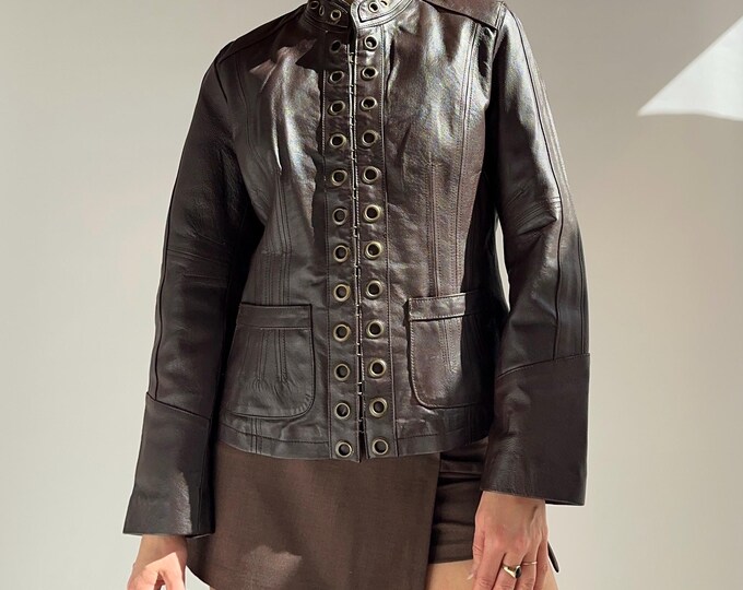 Y2k Dark Brown Genuine Leather Eyelet Jacket / Womens AU 8-small 10 ...
