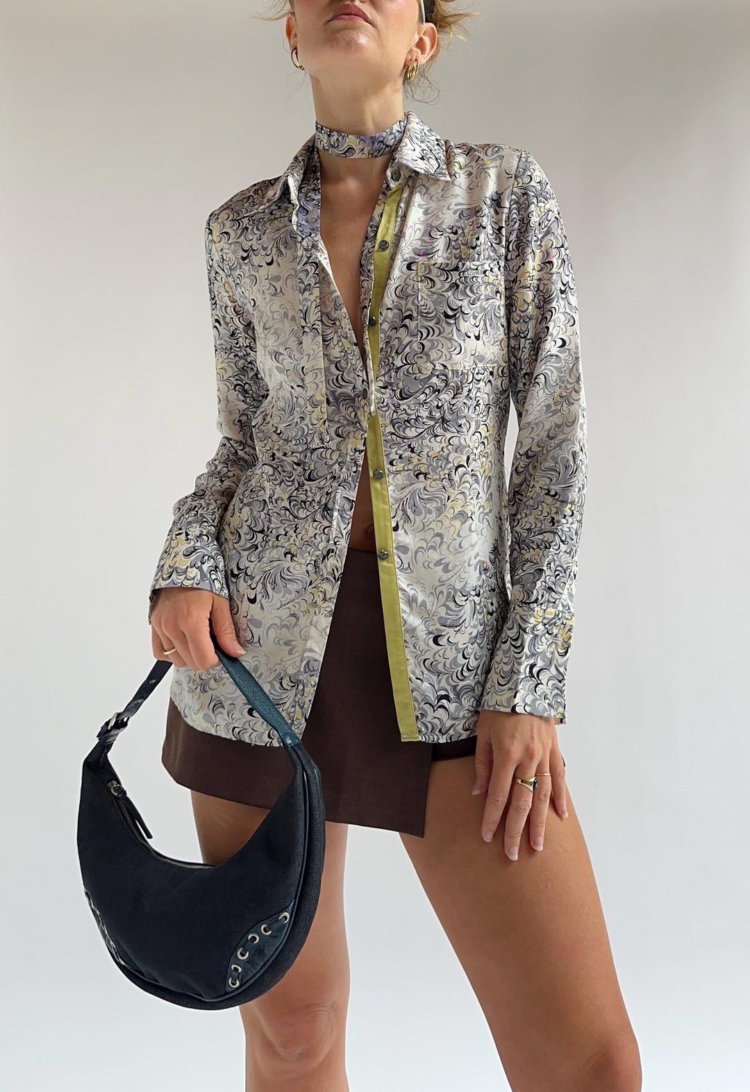 Y2k Lisa Ho Pure Silk Print Button up Blouse / Skinny Neck Tie / Womens ...